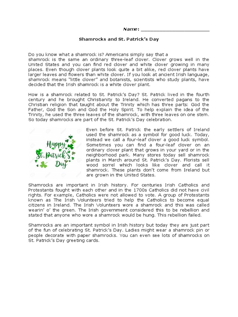Shamrocks and St. Patrick Day Activity Sheet | PDF | Social Science ...