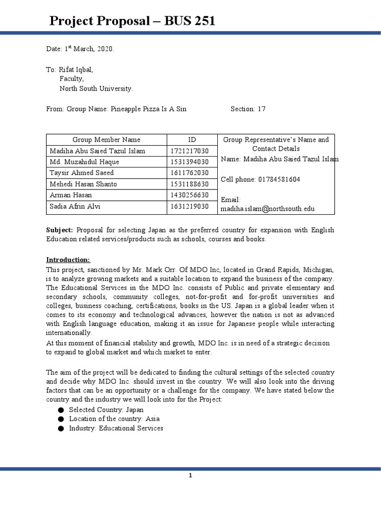 Project Proposal - BUS 251: Subject: Proposal For Selecting Japan As ...