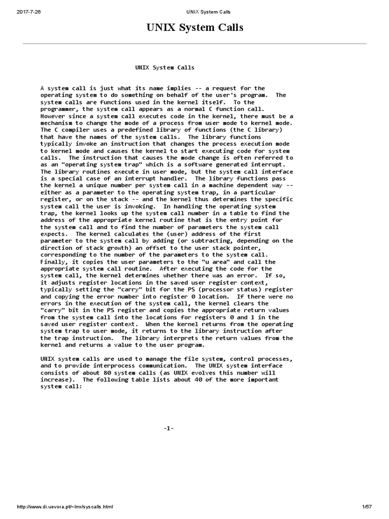 UNIX System Calls PDF | PDF | Kernel (Operating System) | Operating System