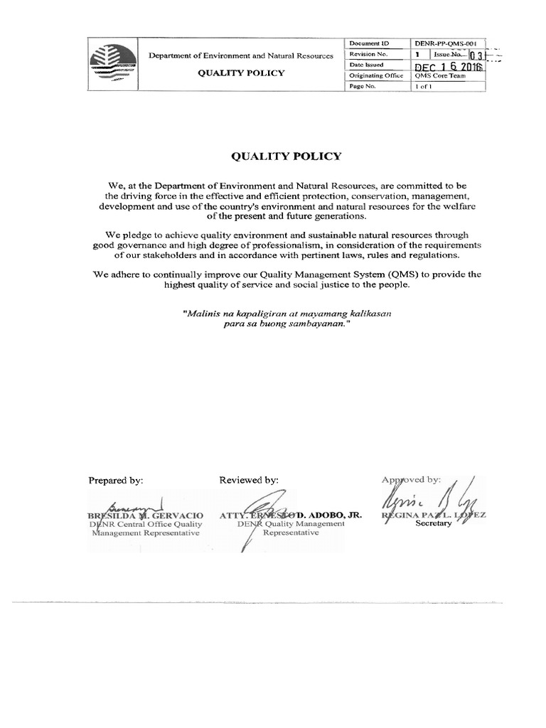 Denr Quality Policy | PDF