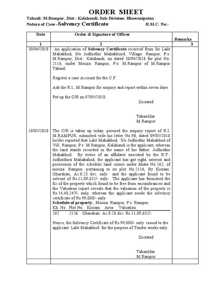 Order Sheet: Solvency Certificate | PDF | Government | Common Law