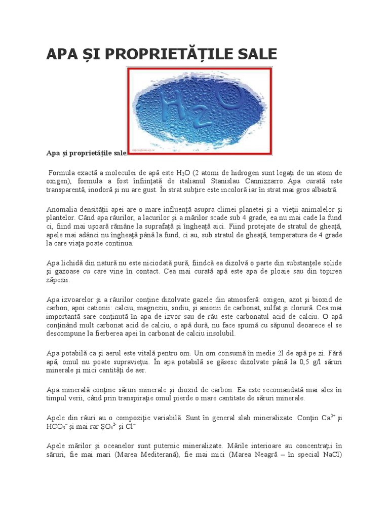 Apa Şi Proprietăţile Sale Formula Exactă A Moleculei de Apă Este H | PDF