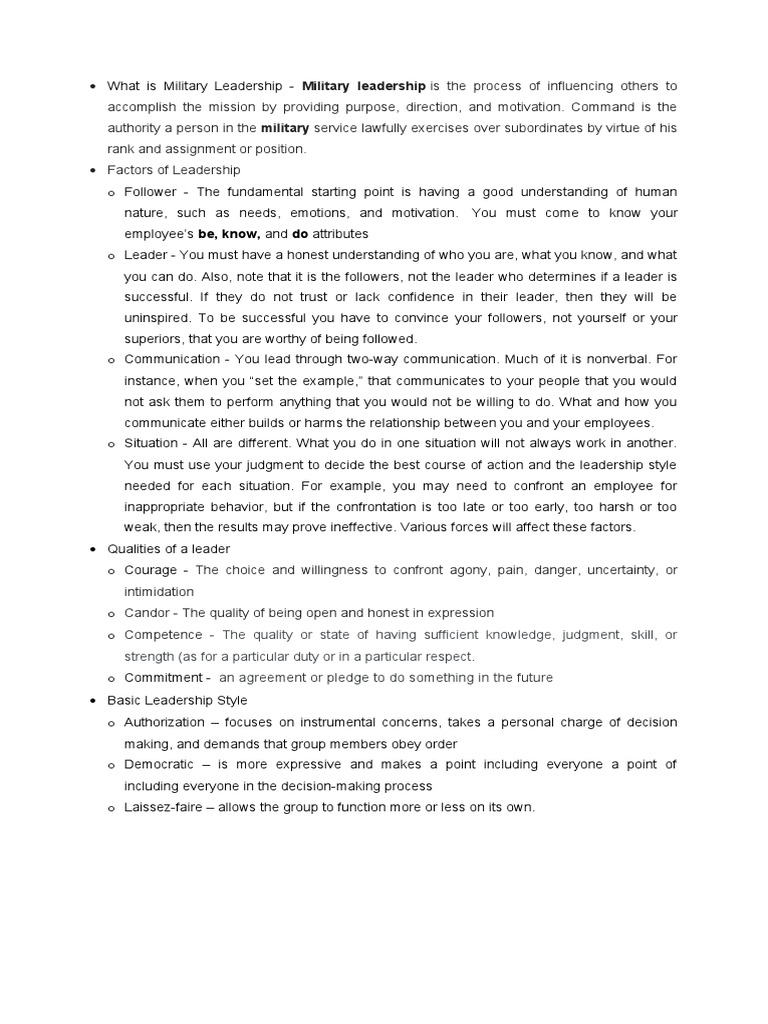 Military Leadership Is The Process of Influencing Others To | Download ...