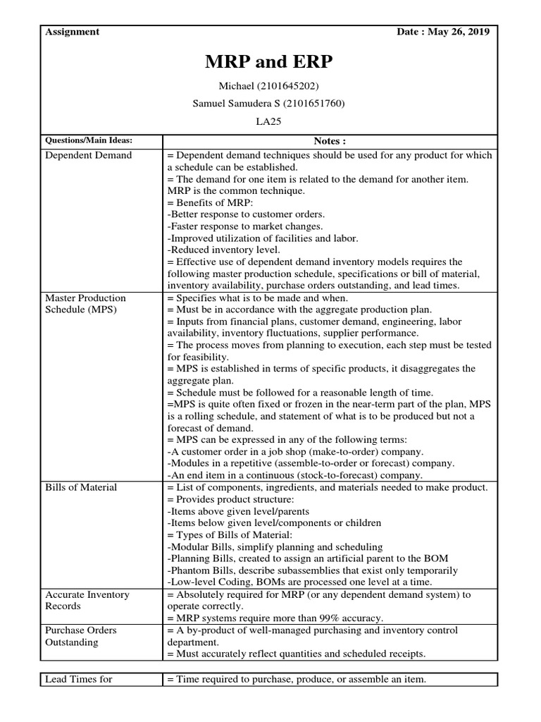 Cornell Notes MRP & ERP | PDF | Enterprise Resource Planning | Supply Chain