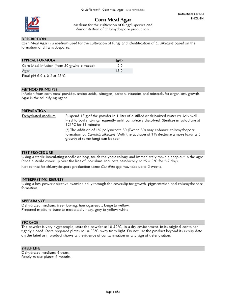 Corn Meal Agar Corn Meal Agar: Description | Download Free PDF | Yeast ...