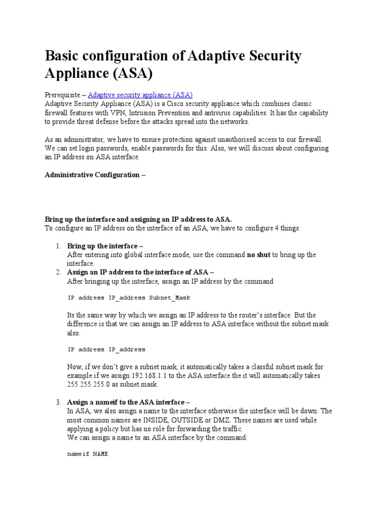 ASA Basic Initial Configuration | PDF | Ip Address | Crime Prevention
