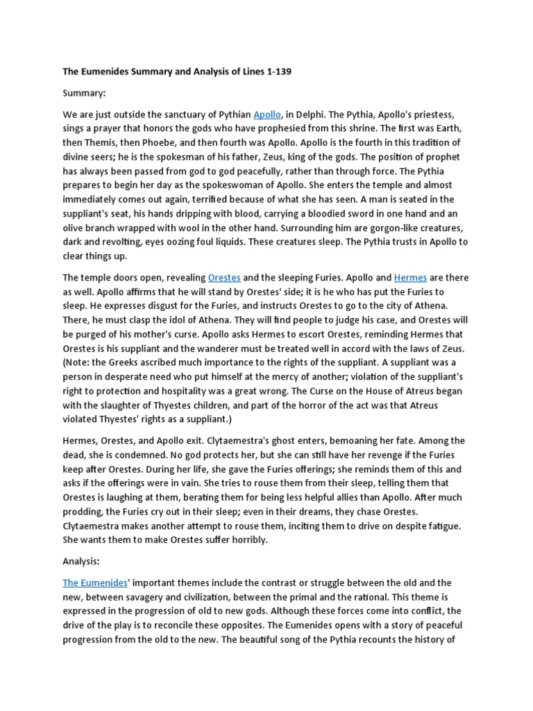 The Eumenides Summary and Analysis of Lines 1 | PDF | Oresteia | Apollo