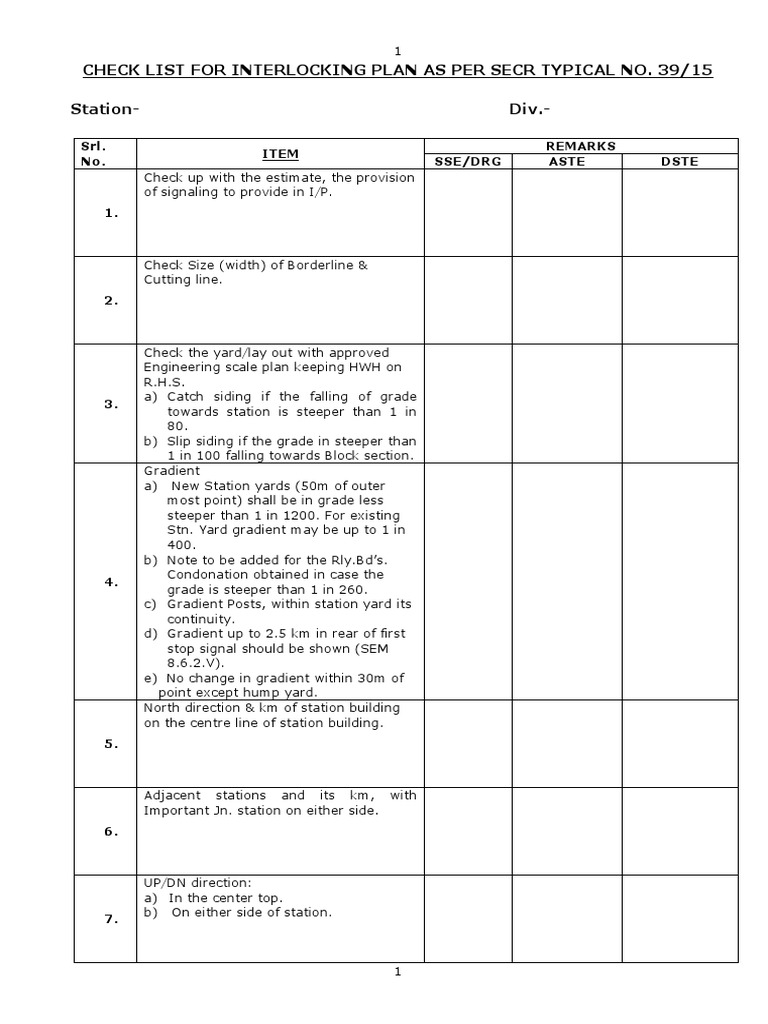 CHECK LIST FOR SIGNAL INTERLOCKING PLAN - Mod | PDF | Transportation ...