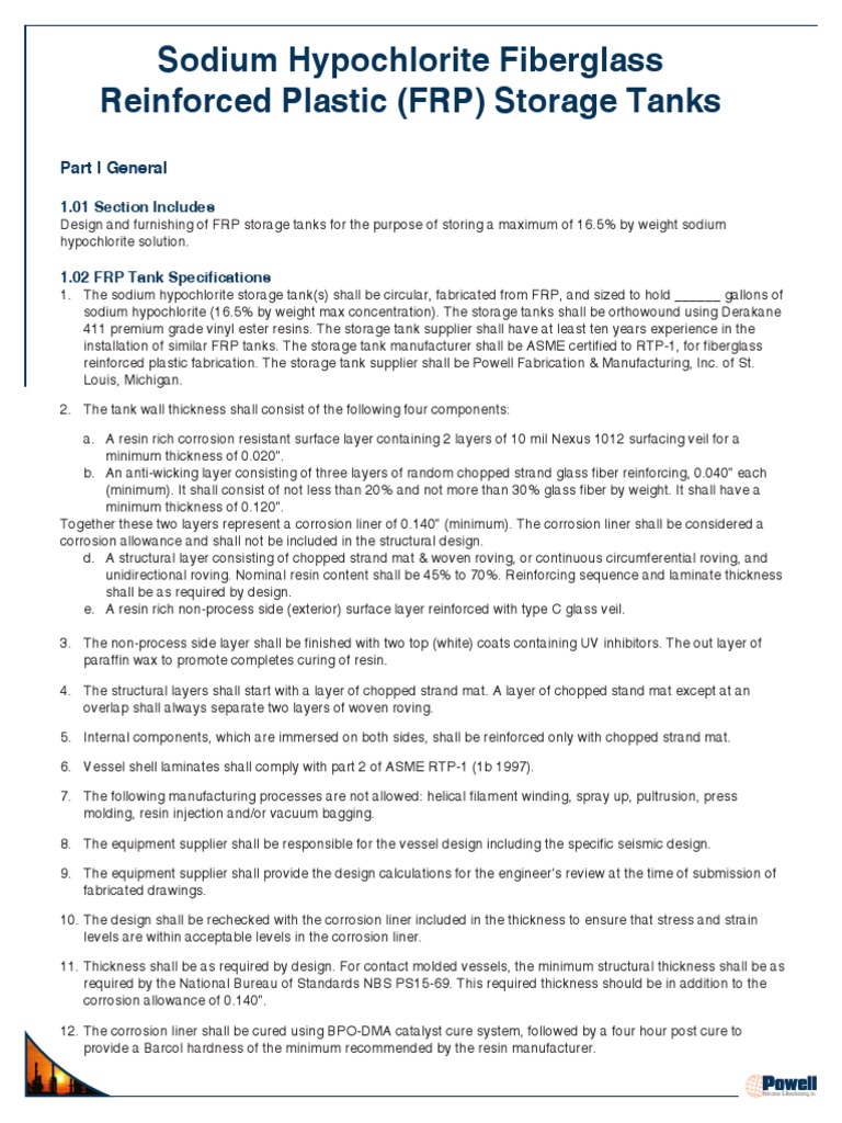 Sodium Hypochlorite Fiberglass Reinforced Plastic (FRP) Storage Tanks ...