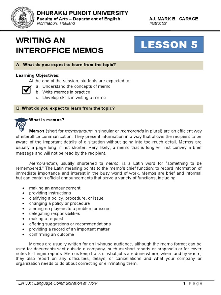 Lesson 5 Writing A Memo | PDF | Memorandum | Communication