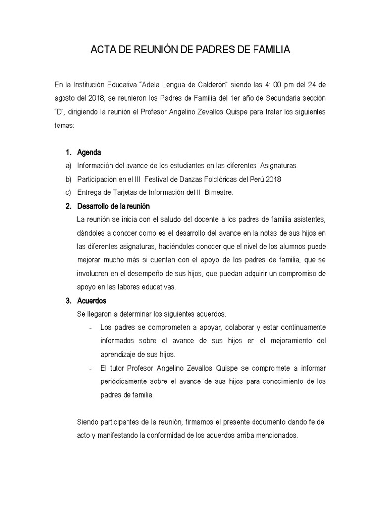 ACTA DE REUNION DE PADRES DE FAMILIA DEL 1° D-2018 | PDF | Enseñando | Maestros
