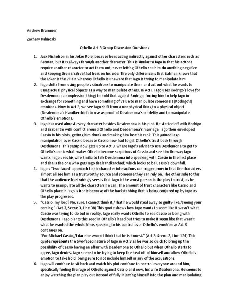 ENGL102 Othello Act 3 Discussion Questions | PDF | Iago | Othello