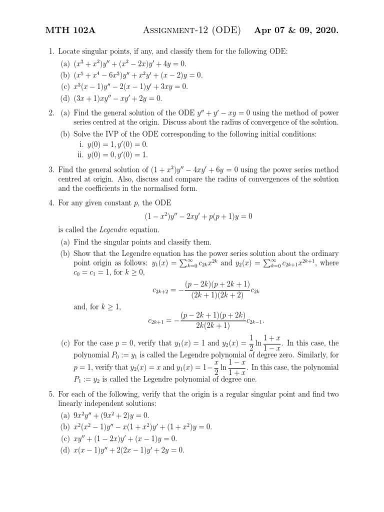 ODE Assignment: Singular Points & Solutions | PDF | Ordinary ...