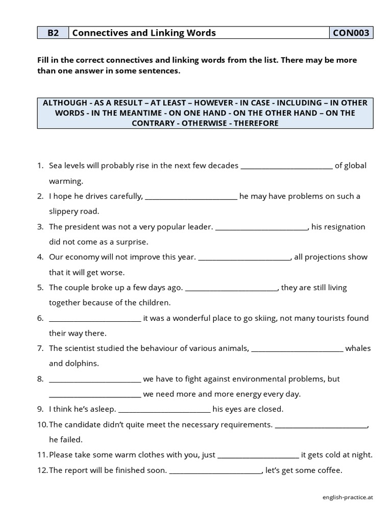 B2 Connectives and Linking Words Exercise | PDF | Natural Environment ...