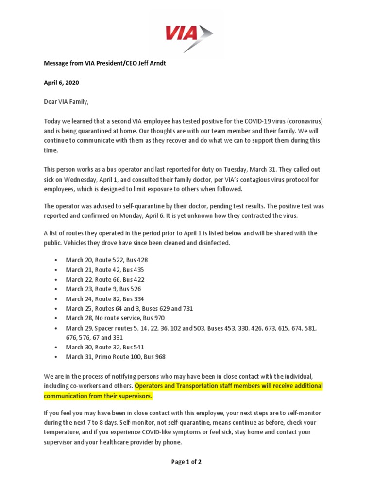 Message From VIA President/CEO Jeff Arndt April 6, 2020 | PDF | Bus ...