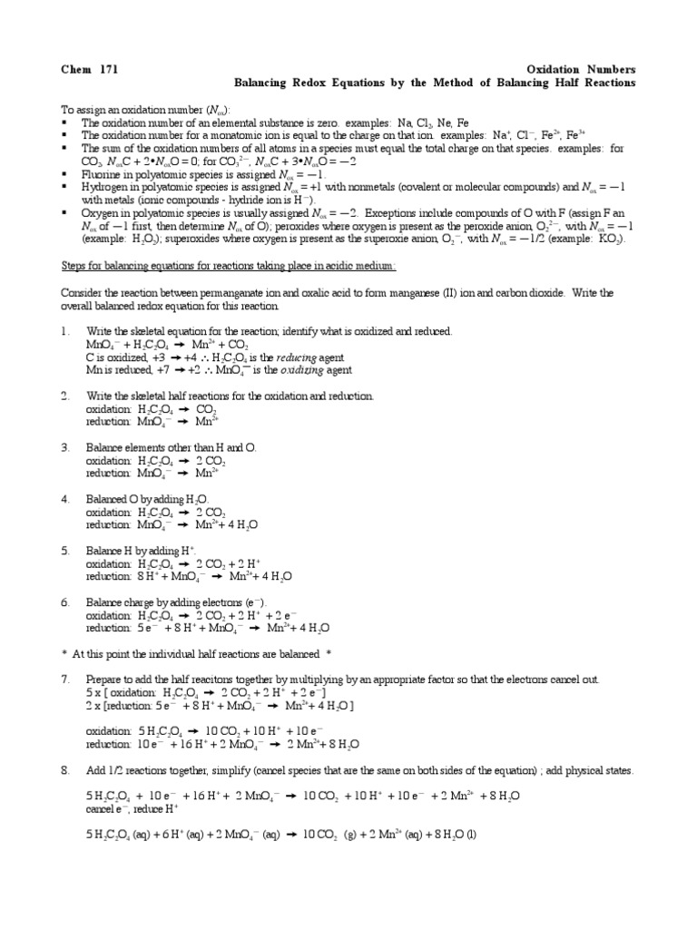 Chem 171 Oxidation Numbers Balancing Redox Equations by The Method of ...