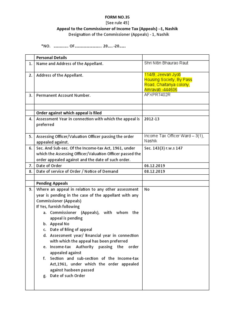 Form No. 35 | PDF | Income Tax In India | Taxes