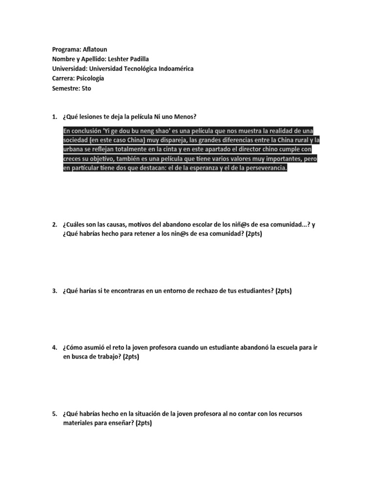 Preguntas de La Pelicula Ni Uno Menos | PDF