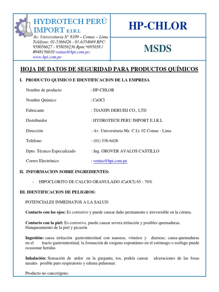 HOJA DE SEGURIDAD DEL HIPOCLORITO DE CALCIO - HP CHLOR - Doc TIANJI ...