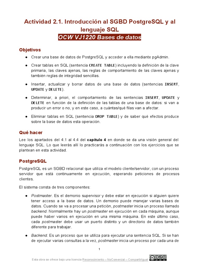 OCW VJ1220 Actividad 2.1. Introducción Al SGBD PostgreSQL y Al Lenguaje SQL | PDF | SQL ...