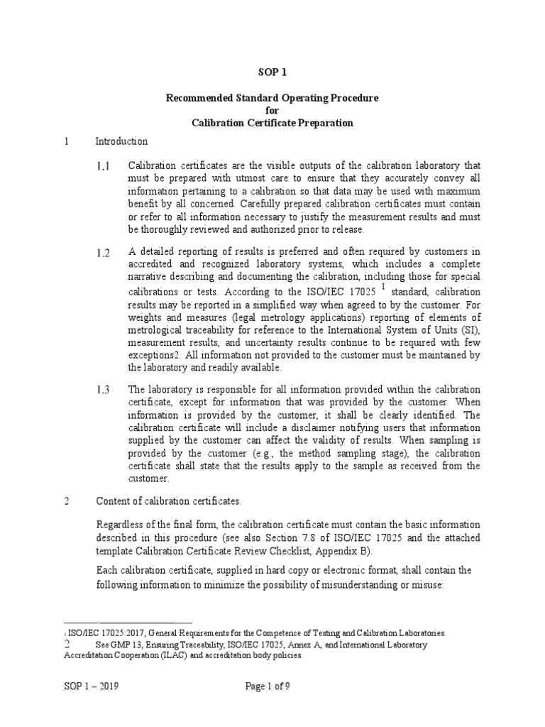 Sop 1 Recommended Standard Operating Procedure For Calibration ...
