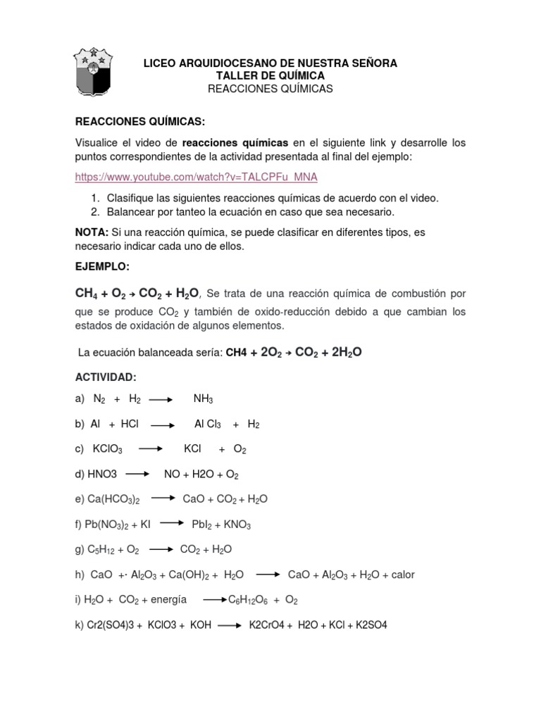 Hoja De Trabajo Para Describir Reacciones Químicas Proyecto De