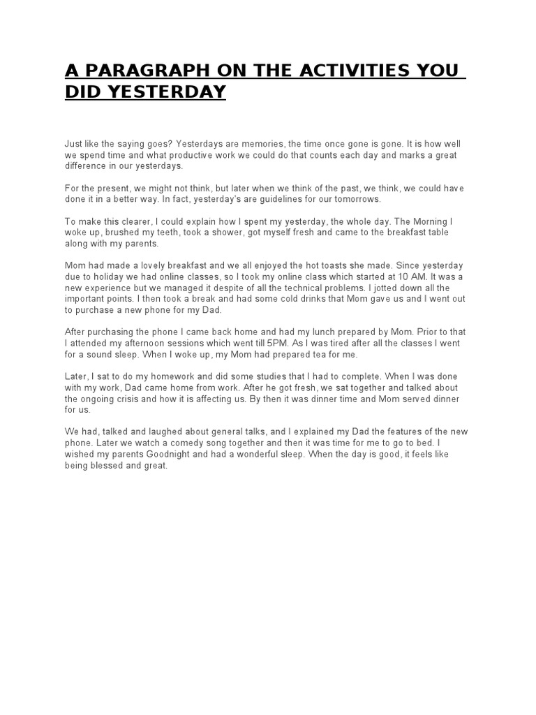 A Paragraph On The Activities You Did Yesterday | PDF