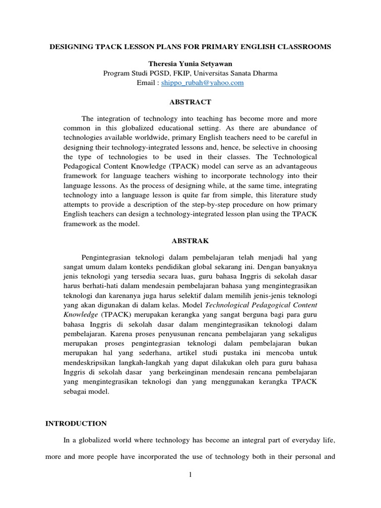 Designing Tpack Lesson Plans For Primary English Classrooms Theresia ...