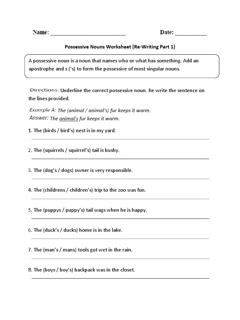 Possessive Nouns Worksheet for Kids | PDF
