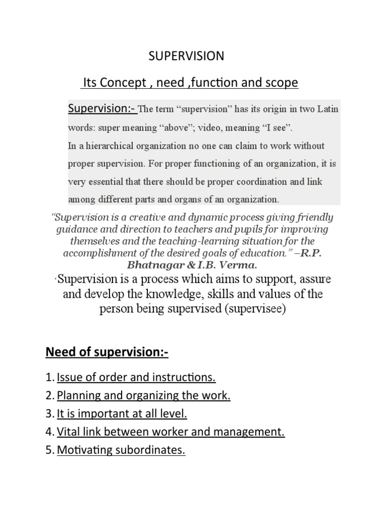 Supervision Its Concept, Need, Function and Scope | PDF | Teachers ...