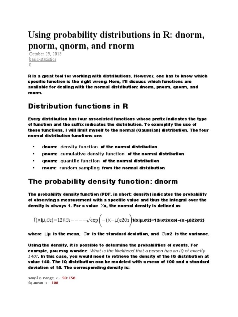 Using Probability Distributions in R: Dnorm, Pnorm, Qnorm, and Rnorm | PDF | Normal Distribution ...