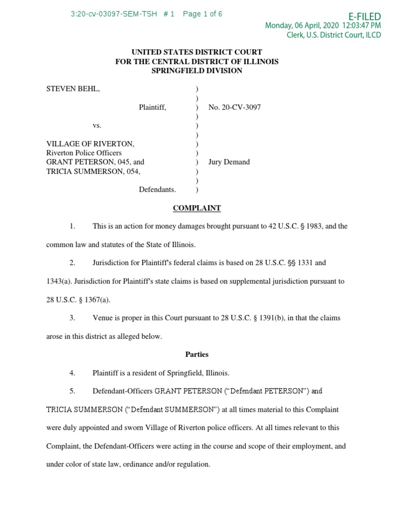 Steve Behl V Riverton Police Complaint | PDF | Damages | Fourth ...
