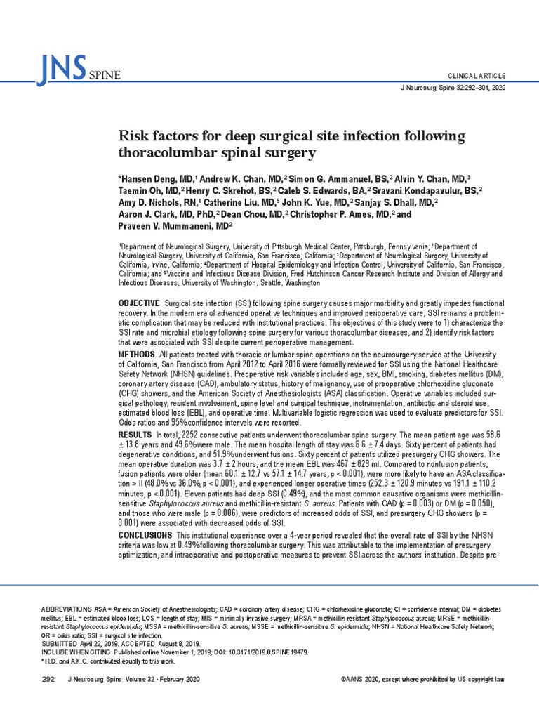 (Journal of Neurosurgery - Spine) Risk Factors For Deep Surgical Site ...