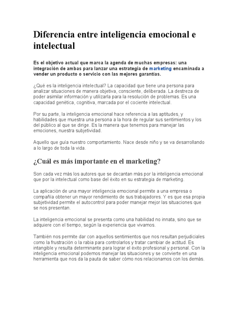 Diferencia Entre Inteligencia Emocional e Intelectual | PDF | Cociente de inteligencia ...