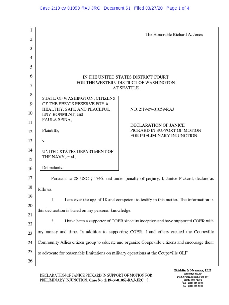 Declaration of Janice Pickard in Support of Motion For Preliminary ...
