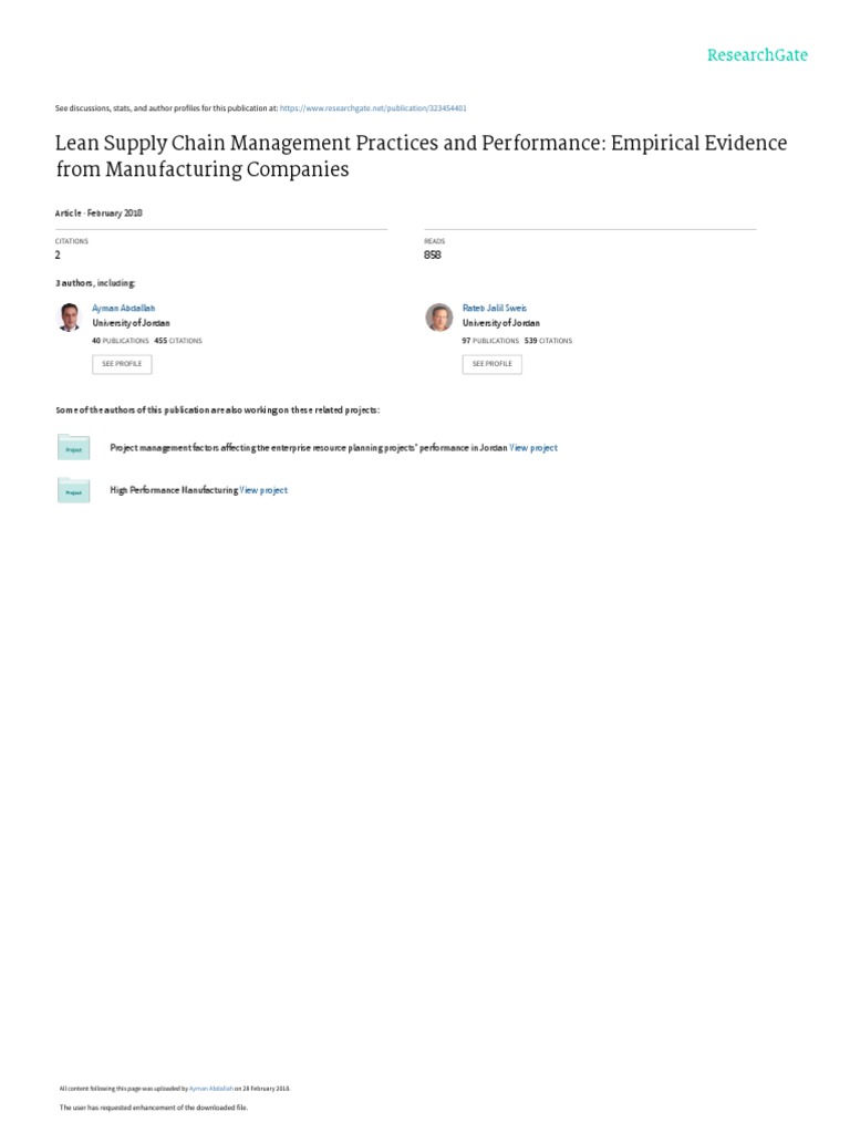 Lean Supply Chain Management Practices and Performance: Empirical Evidence From Manufacturing ...