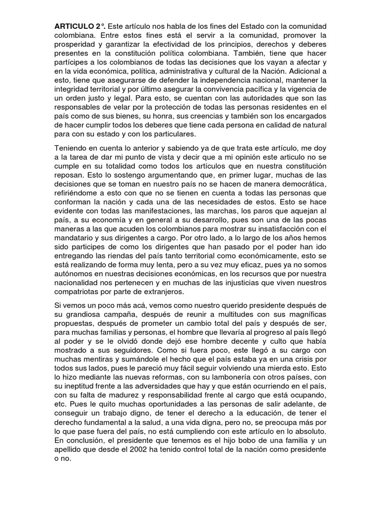 Análisis Del Artículo 2° de La Constitución PDF | PDF | Colombia | Nación