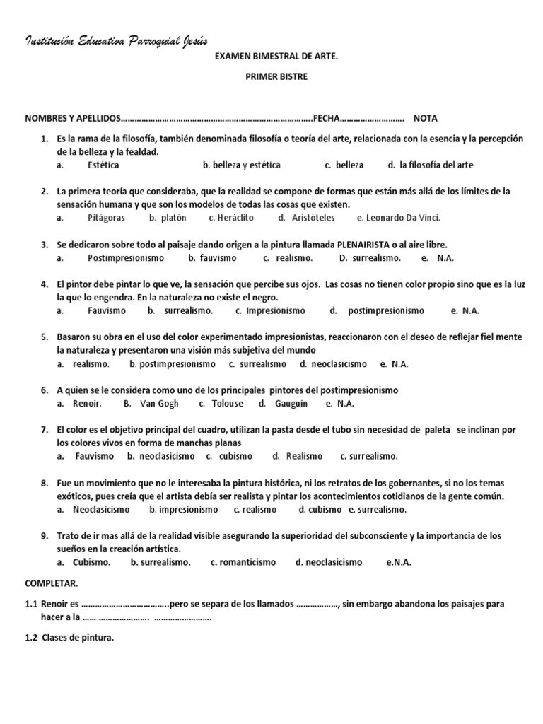 Examen Bimestral de Arte: Primer Bimestre | PDF | Pintura de paisaje ...