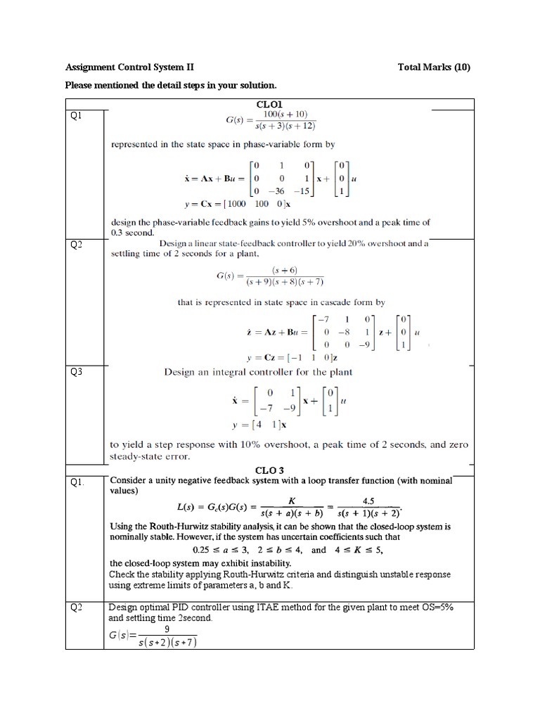 Assignment Control System II Total Marks | PDF