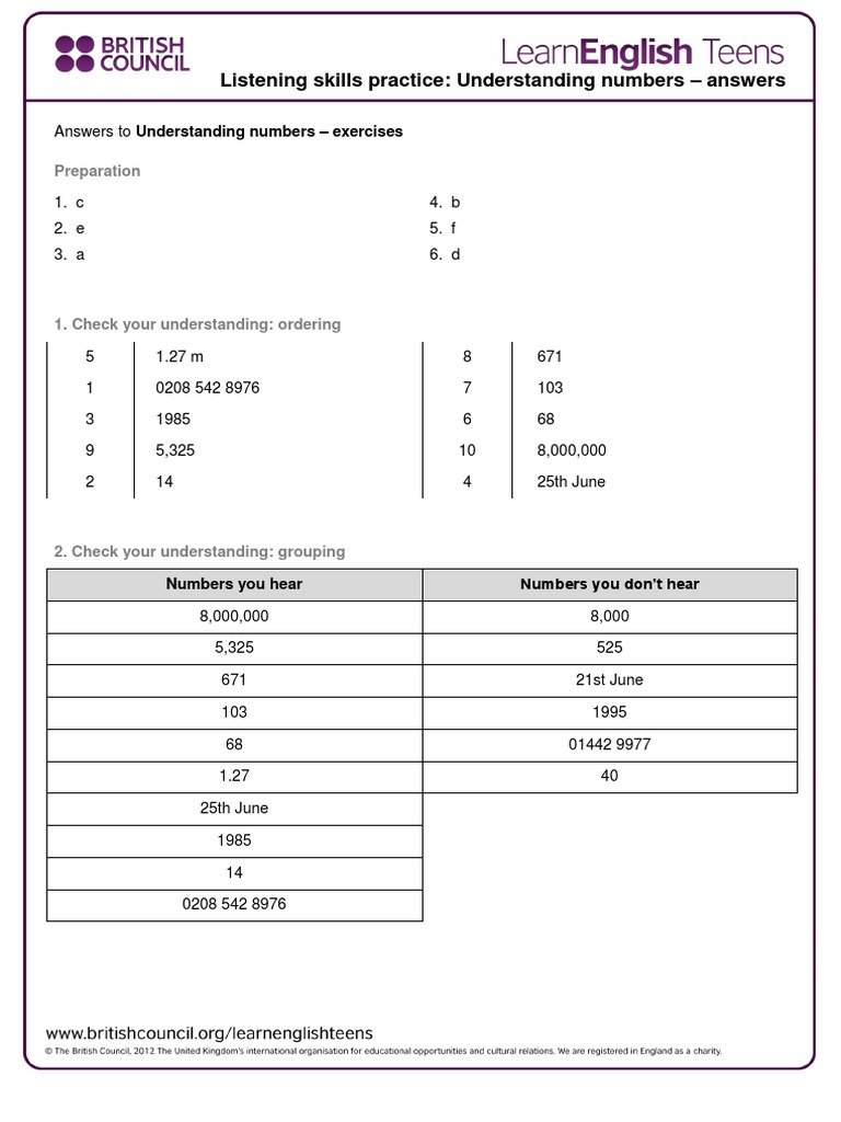 Understanding Numbers Listening Exercises | PDF