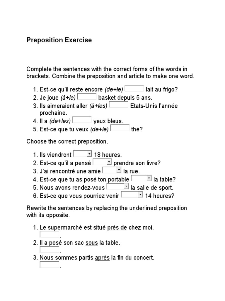 Preposition Exercise | PDF