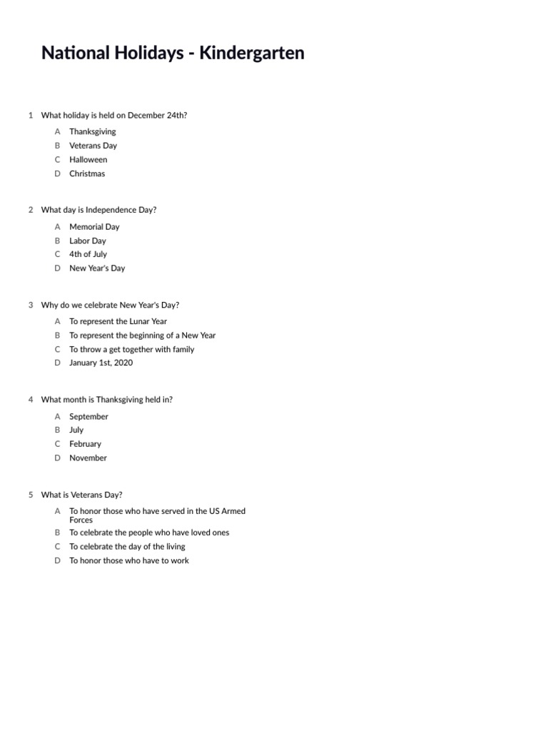 National Holidays - Kindergarten | PDF