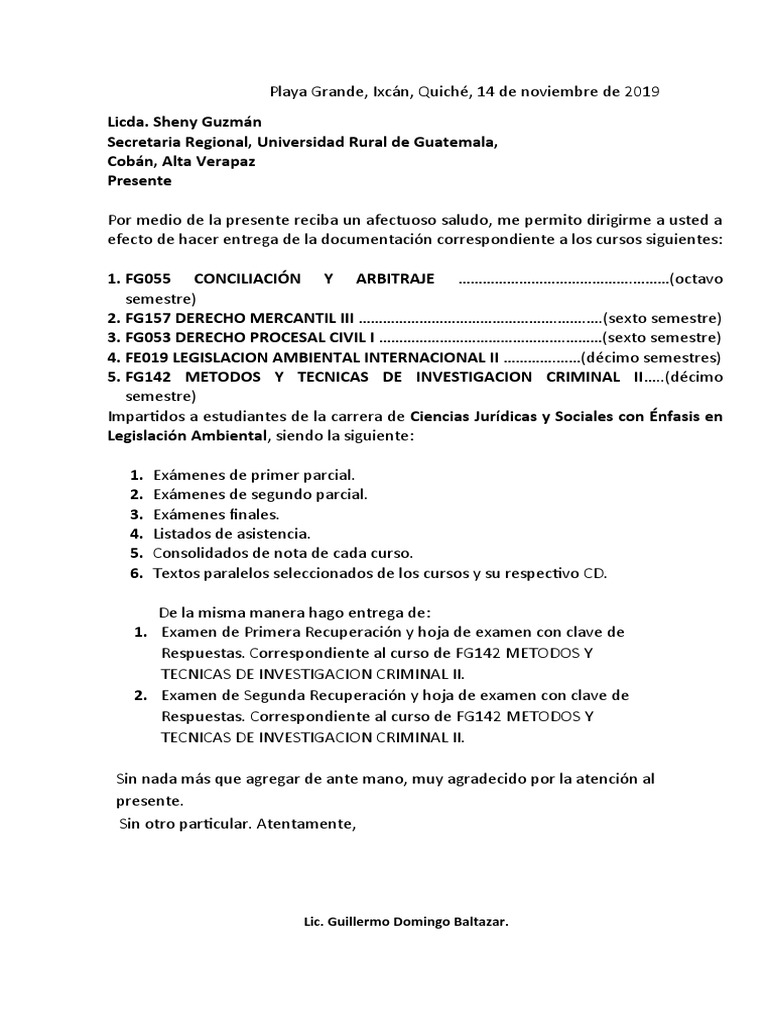 Oficio para Licda. Sheny Guzmán, URural de Guatemala, Sede Cobán, A.V ...