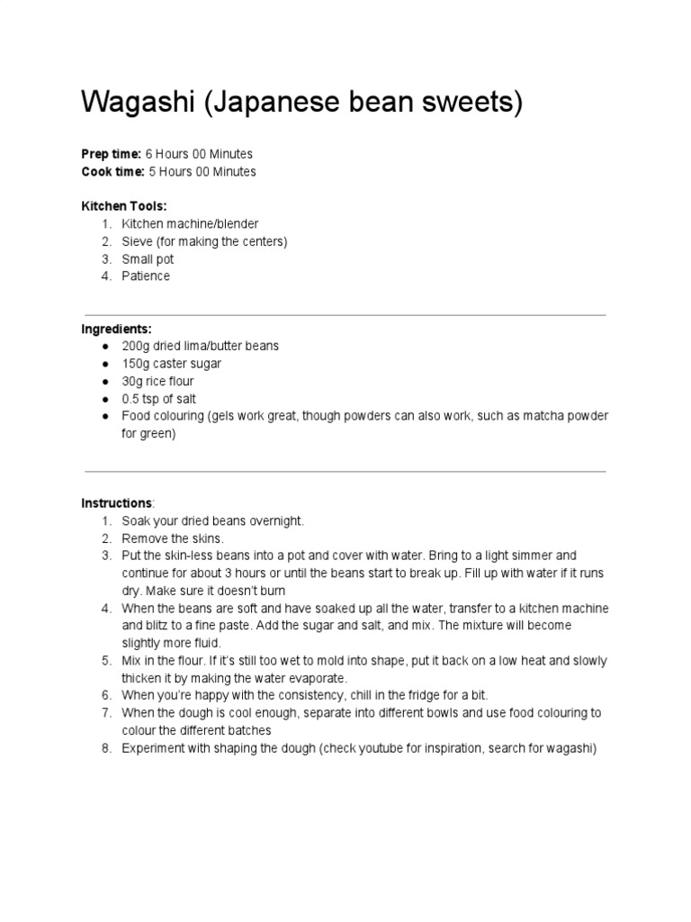 Wagashi (Japanese Bean Sweets) : Prep Time: Cook Time: Kitchen Tools | PDF