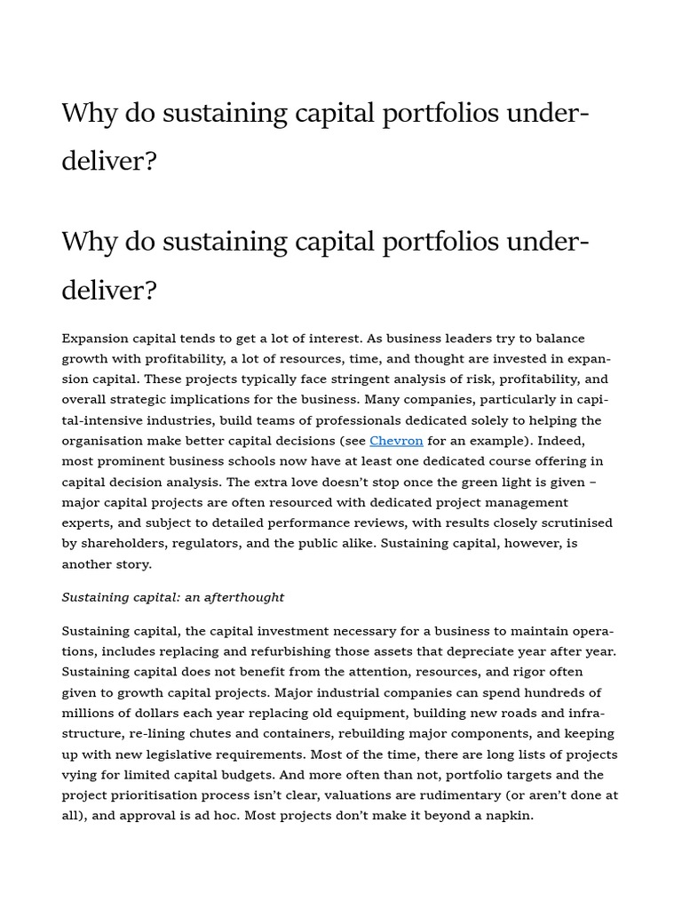 Why Do Sustaining Capital Portfolios Under-Deliver | PDF | Net Present ...
