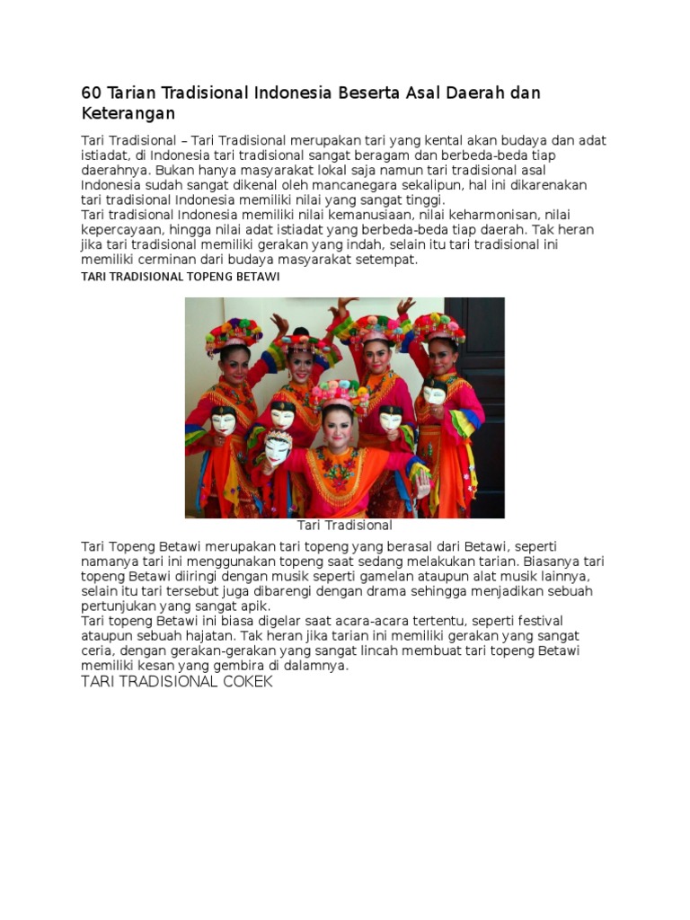 60 Tarian Tradisional Indonesia Beserta Asal Daerah Dan Keterangan | PDF