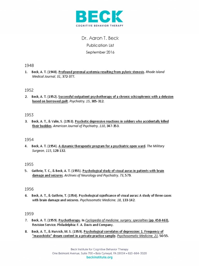 Dr. Aaron T. Beck: Publication List | PDF | Psychotherapy | Cognitive ...