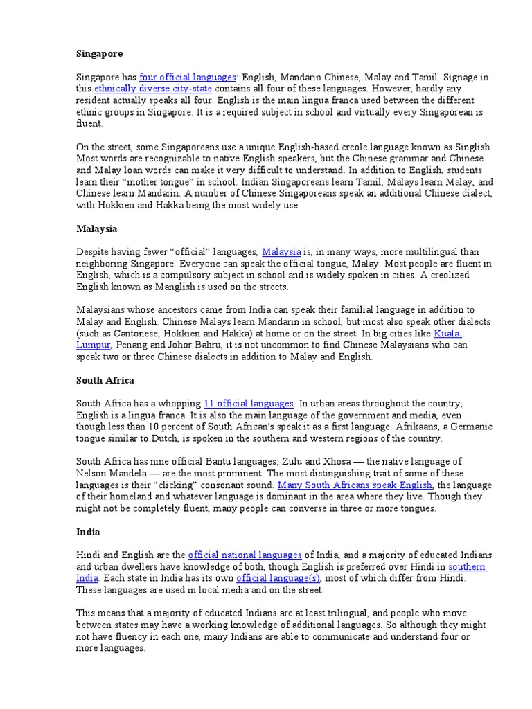 Four Official Languages Ethnically Diverse City-State: Singapore | PDF ...
