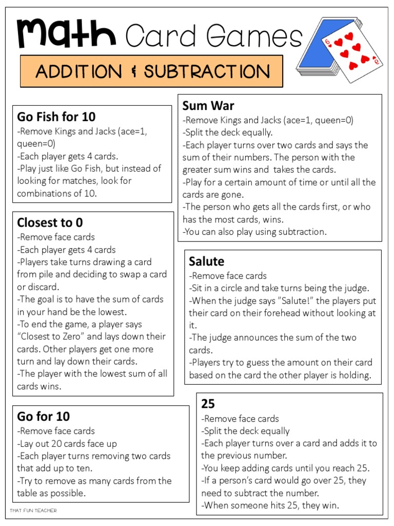 Addition & Subtraction Card Games | PDF | Home & Garden