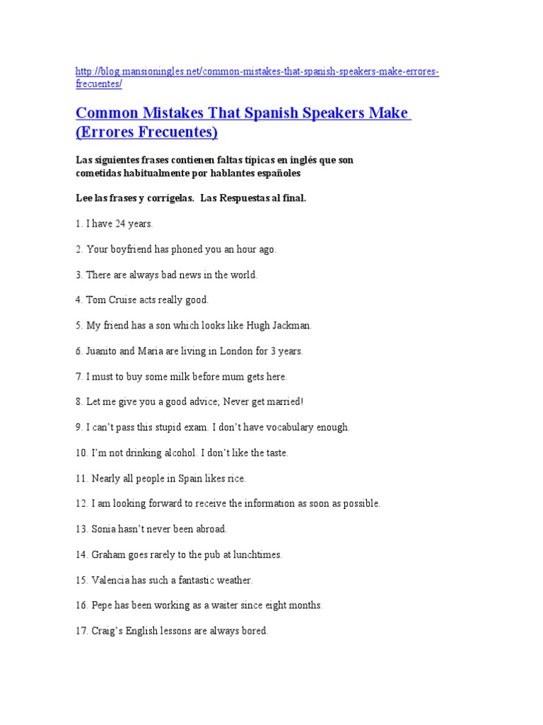 Common Mistakes That Spanish Speakers Make (Errores Frecuentes) | PDF